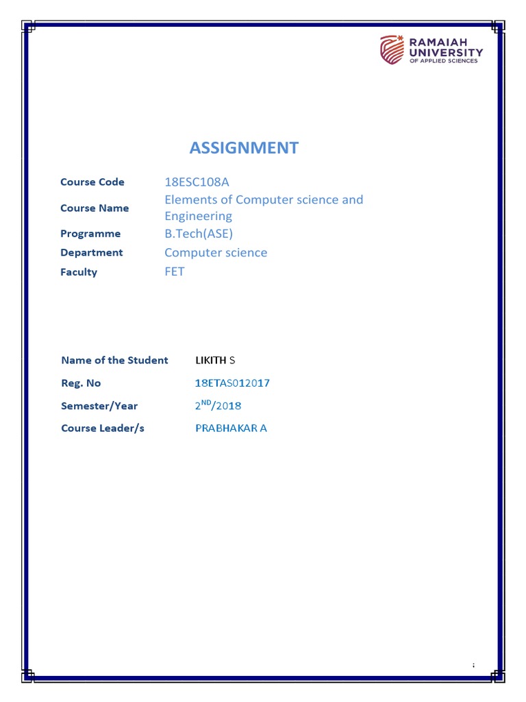 Assignment: 18ESC108A Elements of Computer Science and Engineering B ...