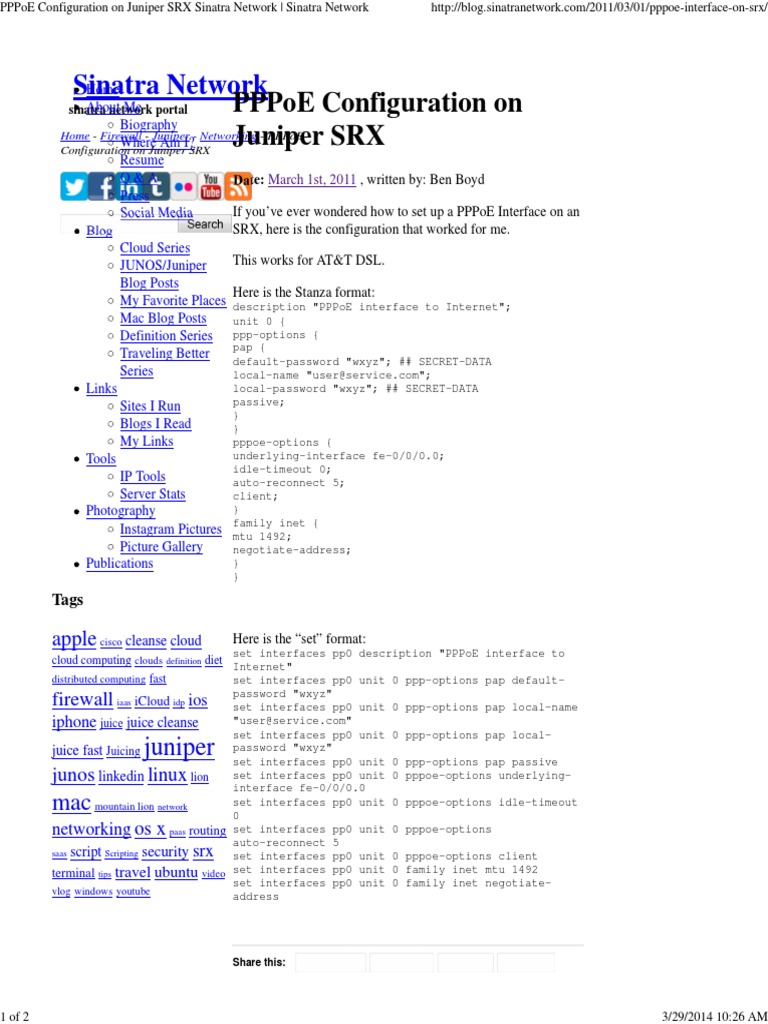 PPPoE Configuration On Juniper SRX Sinatra Network - Sinatra Network | PDF | Juniper Networks ...