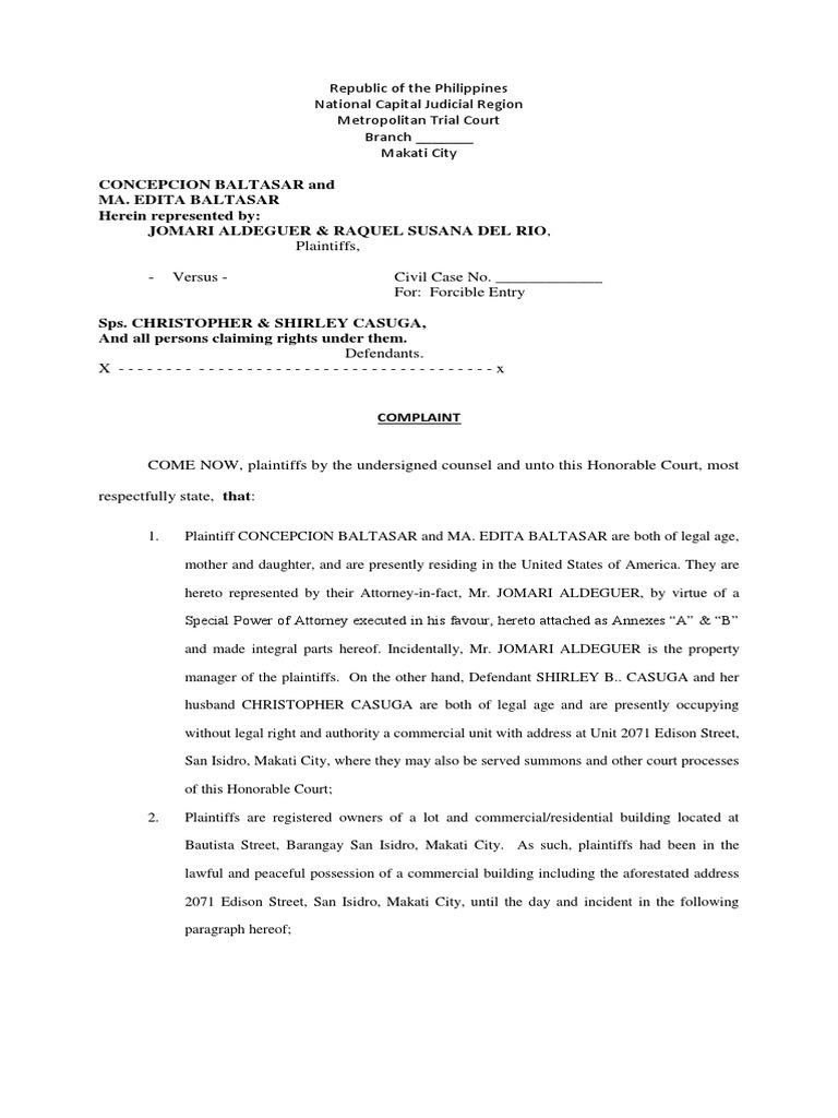 Complaint For Forcible Entry | Download Free PDF | Complaint | Lawsuit
