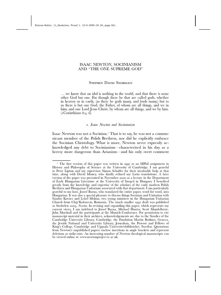 Isaac Newton and Socinianism: An Analysis of Newton's Engagement with ...