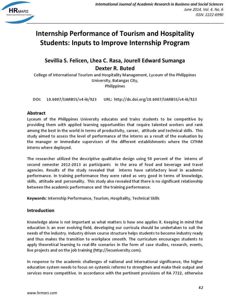 Internship Performance of Tourism and Hospitality Students Inputs To ...