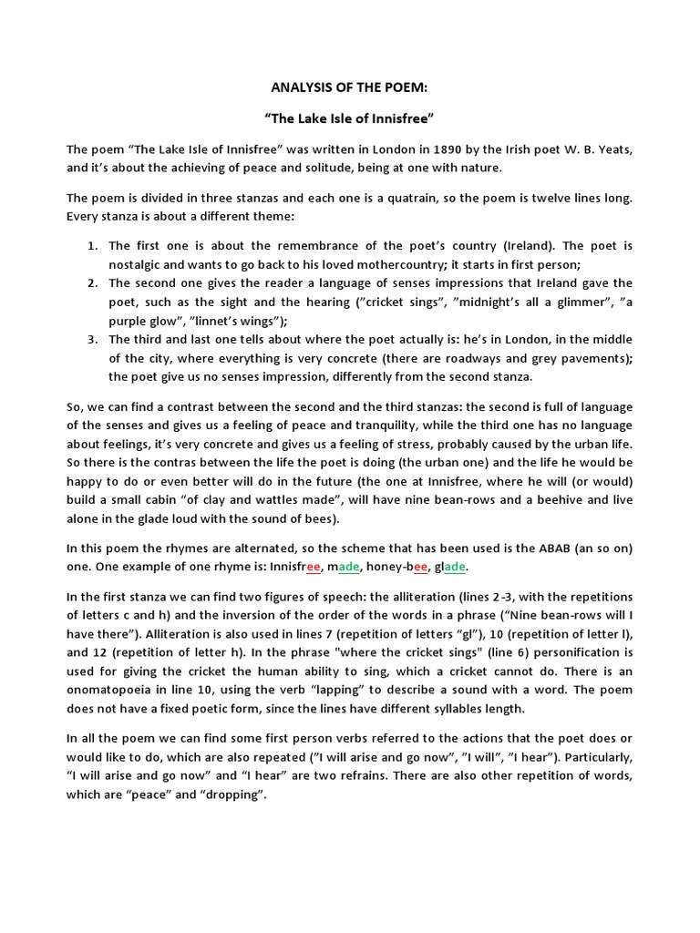 ANALYSIS OF THE POEM: "The Lake Isle of Innisfree" | PDF | Poetry ...