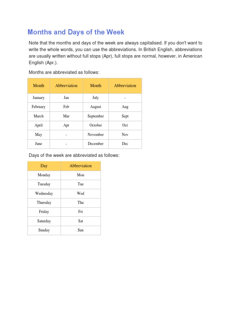 Months and Days of The Week: Month Abbreviation Month Abbreviation | PDF