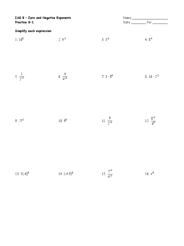 Zero & Negative Exponents Practice | PDF | Teaching Methods & Materials