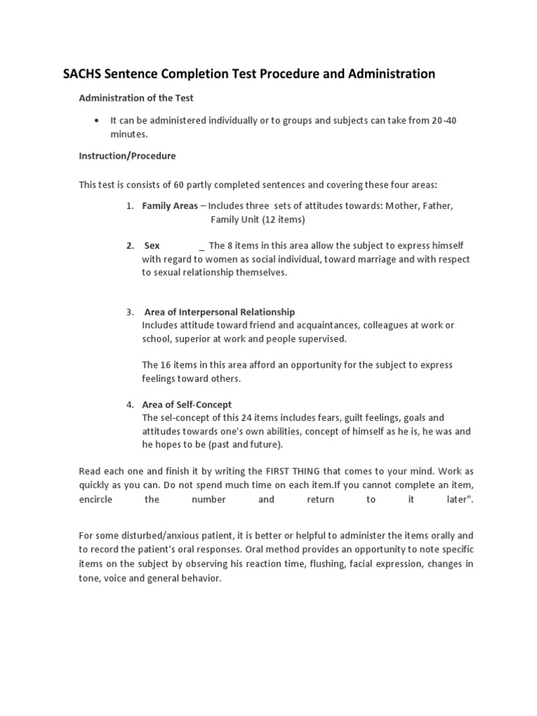 SACHS Sentence Completion Test Procedure and Administration | Self ...