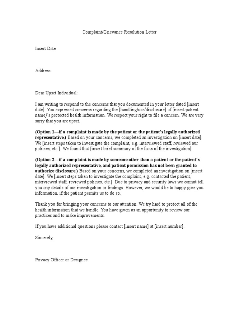 Complaint Grievance Resolution Letter