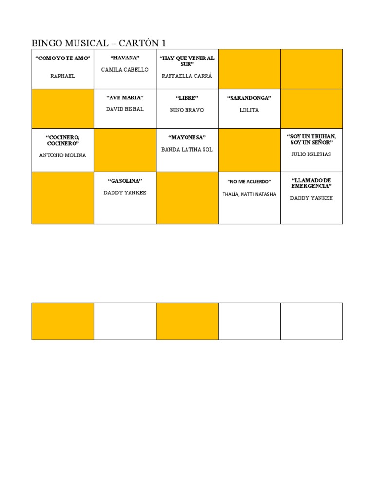 Bingo Musical | Musica Latinoamericana | Cantantes