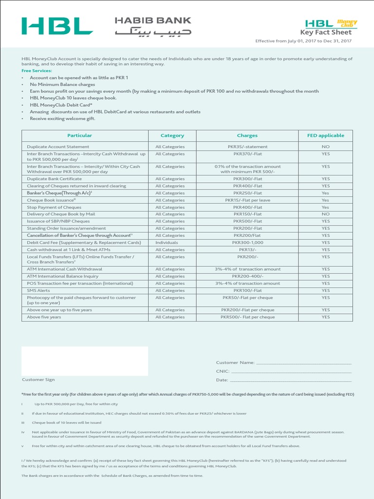 Key Fact Sheet (HBL MoneyClub) - July 2017 | PDF | Cheque | Financial ...