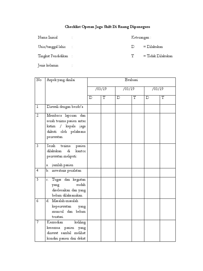 324 Checklist Operan Jaga Shift Di Ruang Diponogoro | PDF