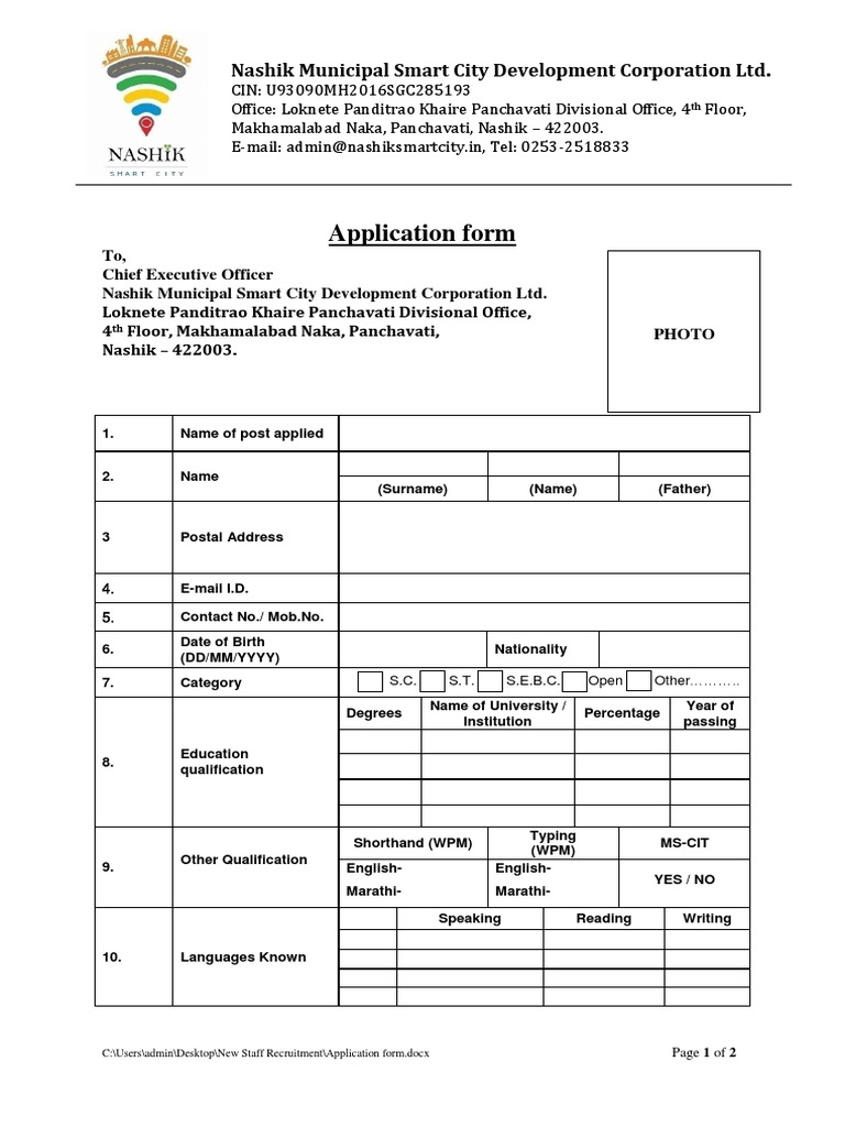 Application Form: Nashik Municipal Smart City Development Corporation ...