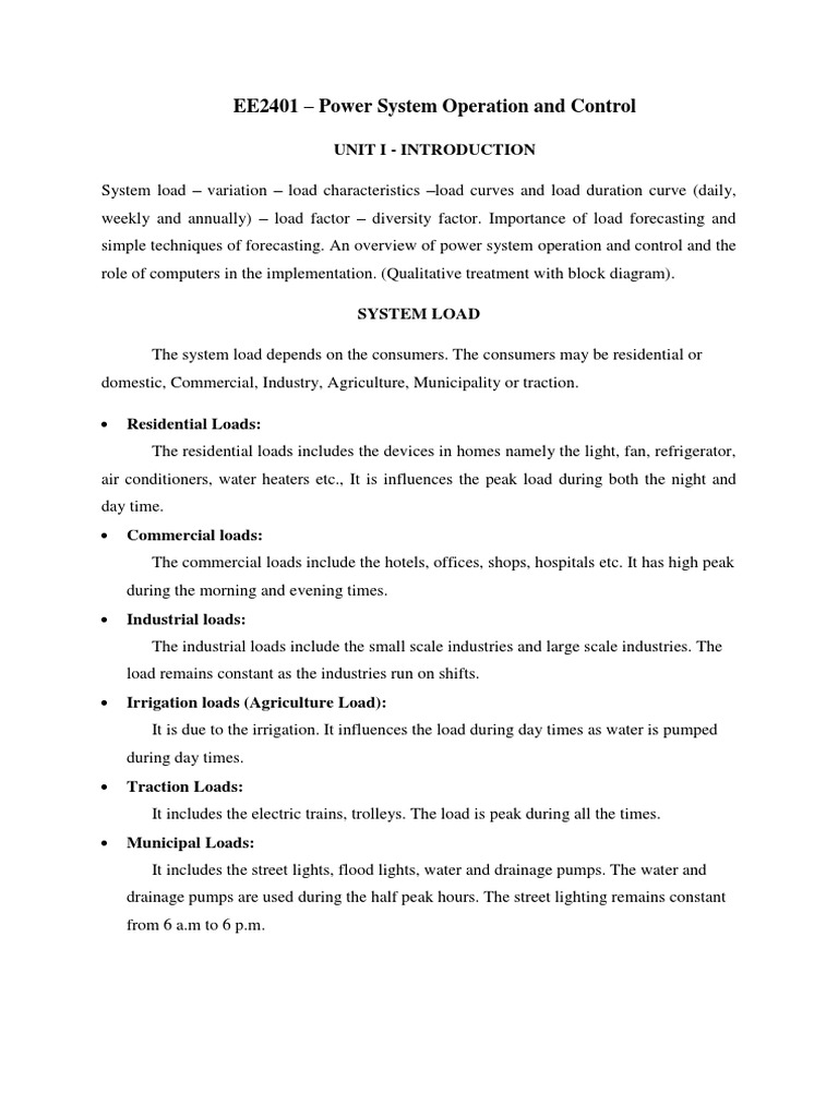 Unit 1 - Power System Operation and Control | PDF | Electric Power ...