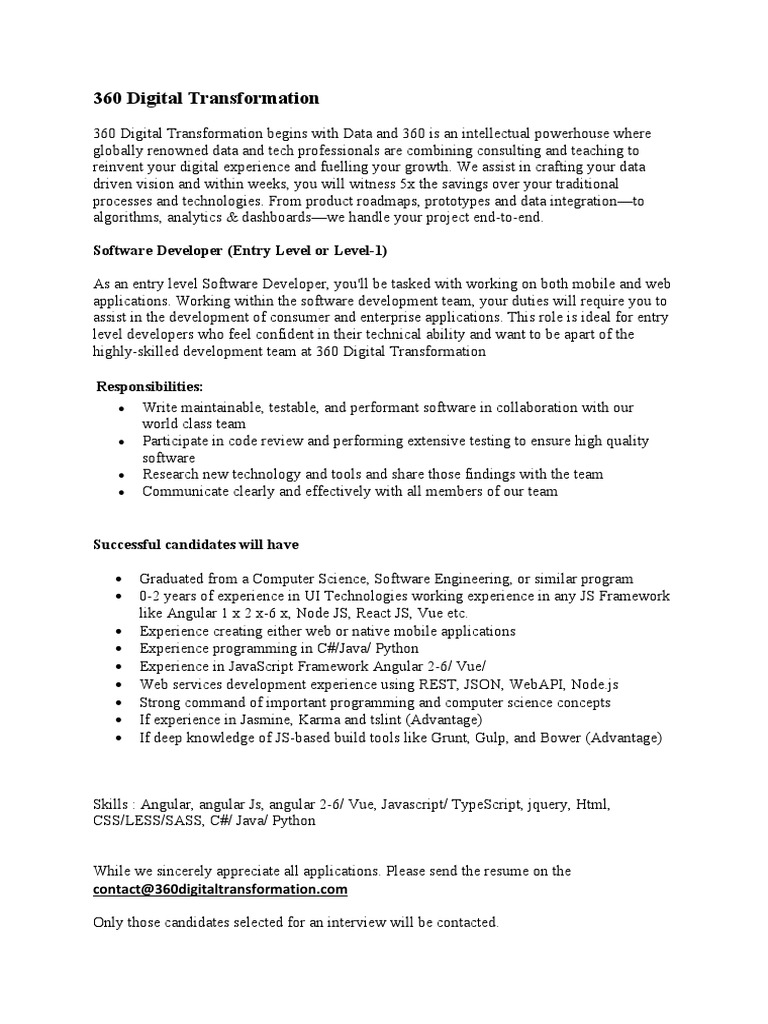 360 Digital Transformation: Software Developer (Entry Level or Level-1) | PDF | Programmer ...