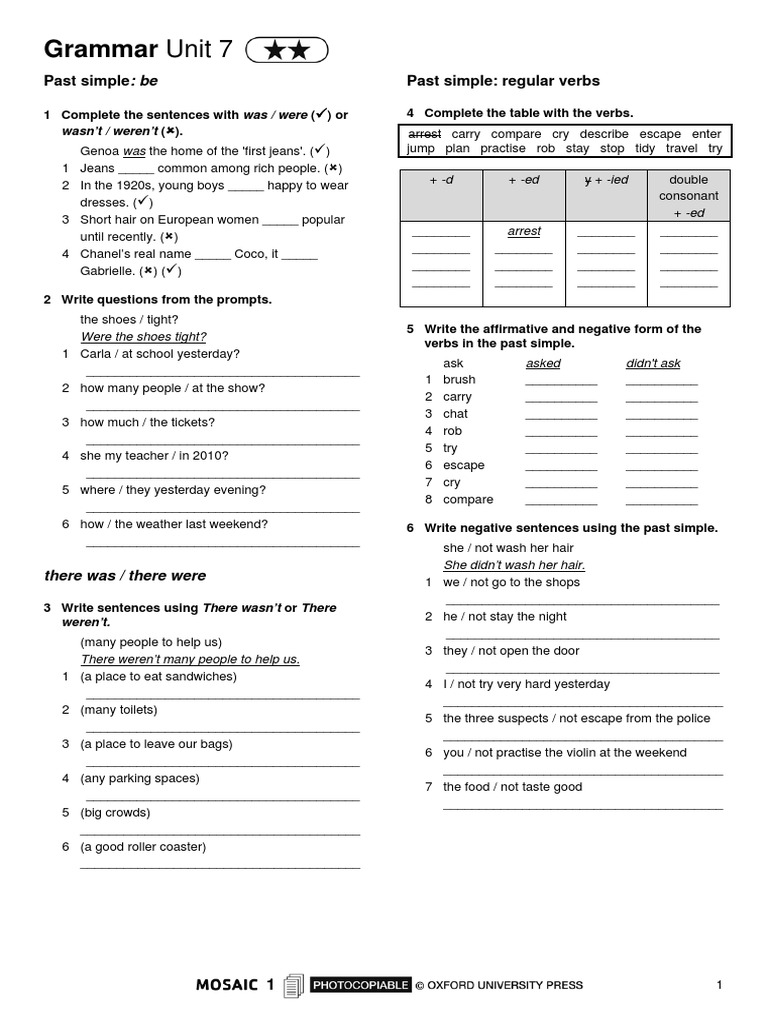 Grammar Unit 7: Past Simple: Be Past Simple: Regular Verbs | PDF ...