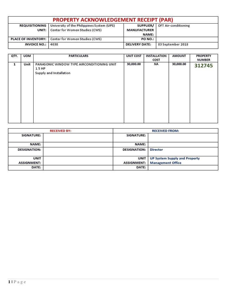 Property Acknowledgement Receipt | PDF