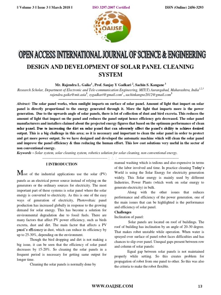 Design and Development of Solar Panel Cleaning System | PDF ...
