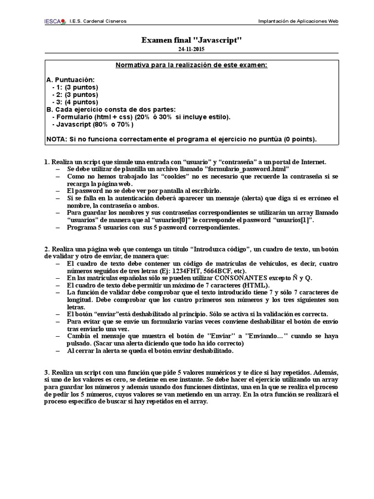 Examen Final Javascript | PDF | Contraseña | Script Java