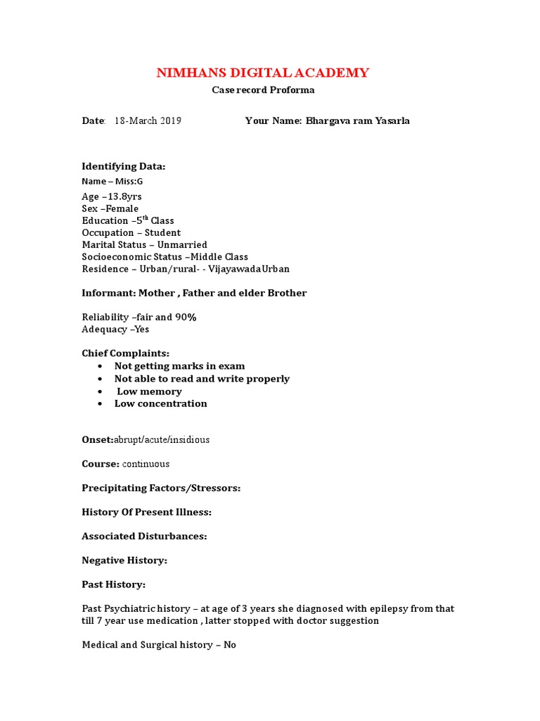 Case Record Proforma | Download Free PDF | Intellectual Disability ...