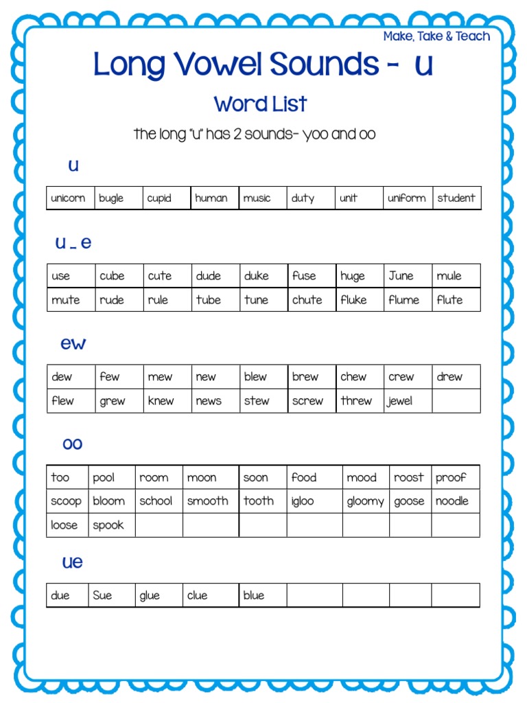 Long Vowel U Words Worksheet