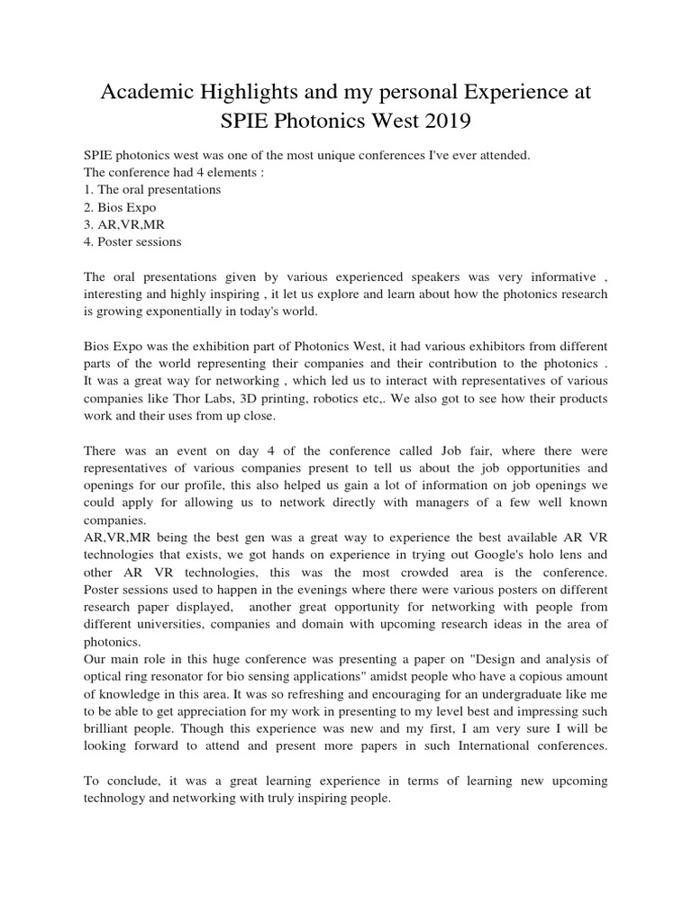 Academic Highlights and My Personal Experience at SPIE Photonics West ...