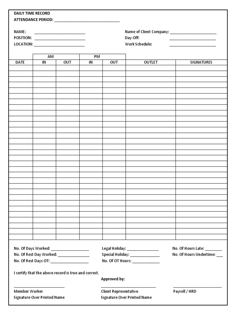 Daily Time Record Template | PDF