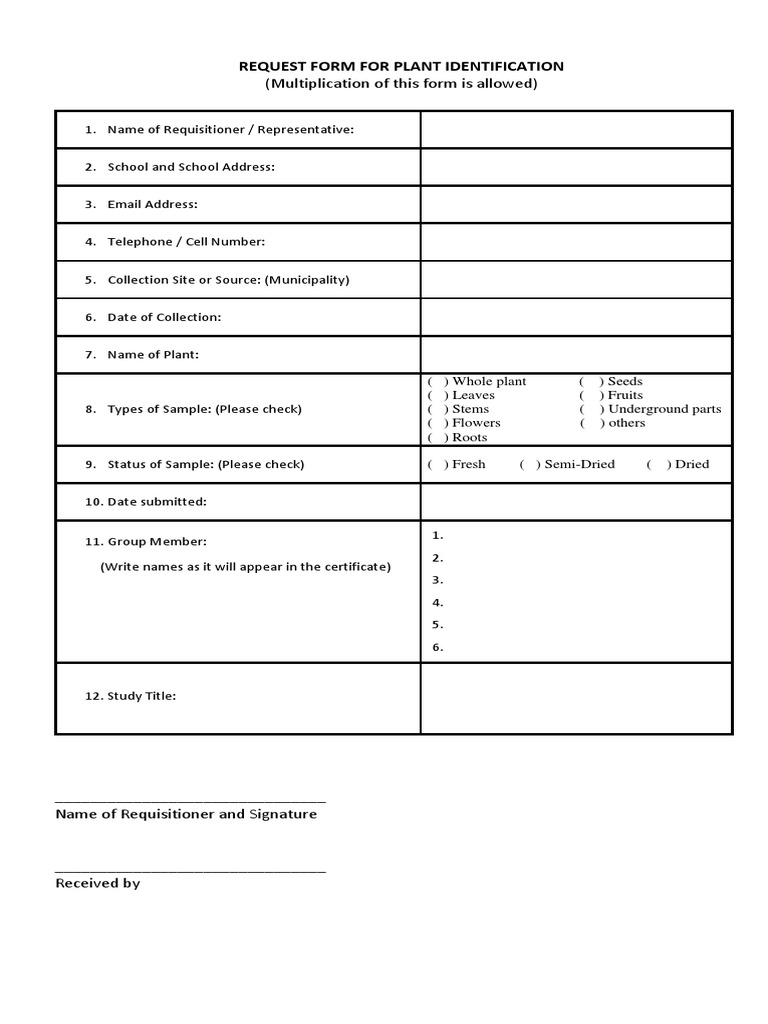 Request Form For Plant Identification | PDF | Branches Of Botany | Plants