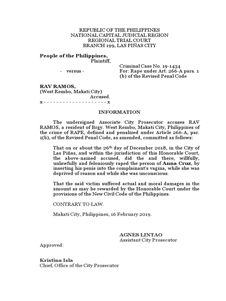 SAMPLE Information On Rape | PDF | Prosecutor | Criminal Law