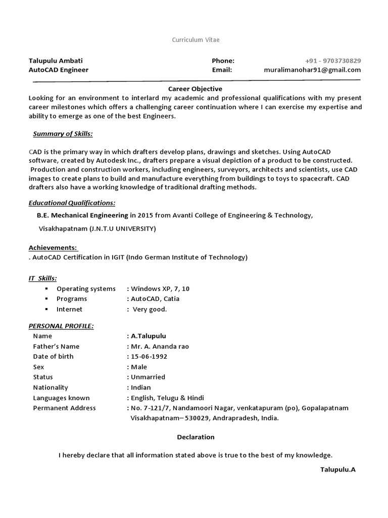 CV For AutoCAD | PDF | Auto Cad | Engineering