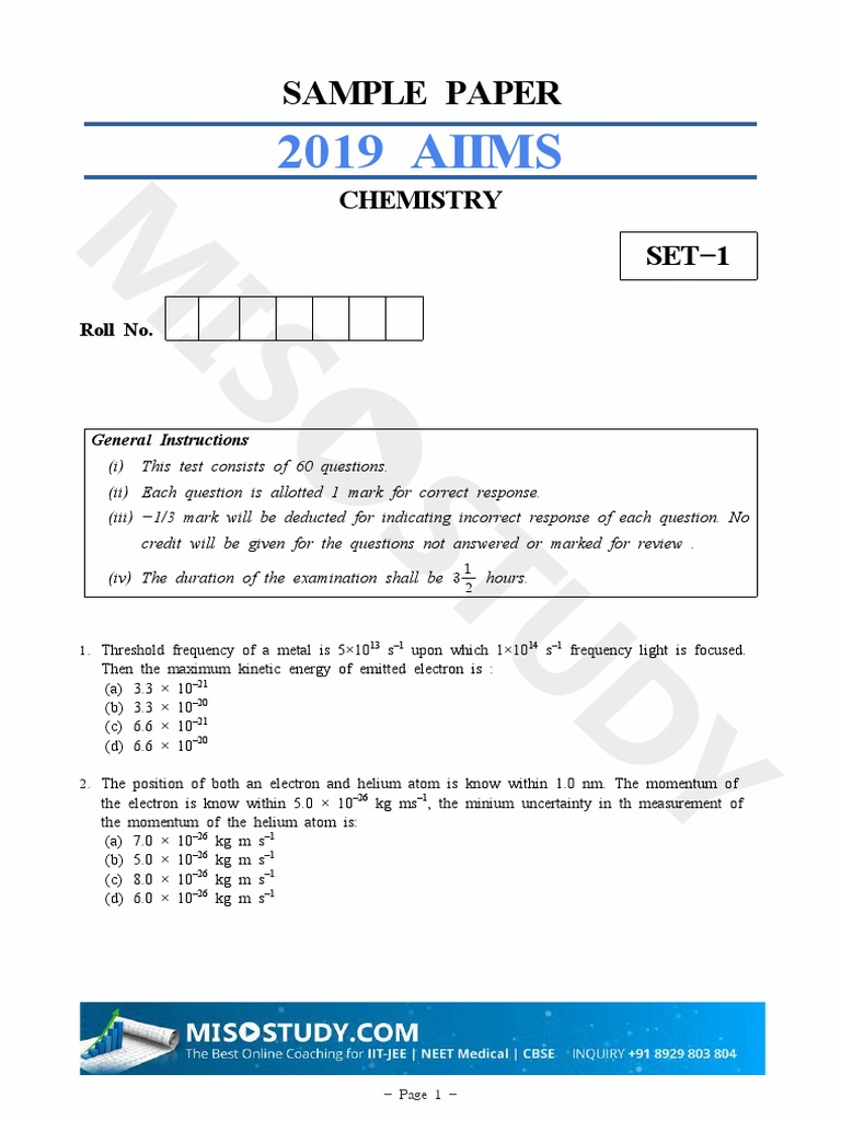 AIIMS 2019 Chemistry Sample Question Paper | PDF | Chemical Reactions ...
