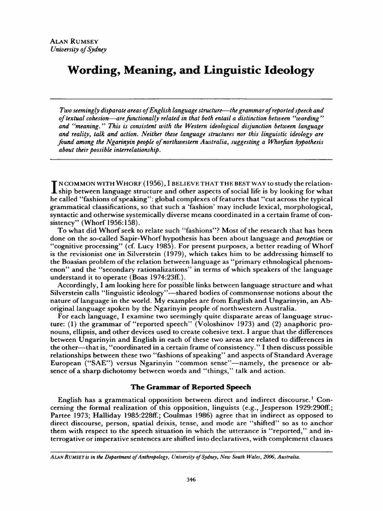 RUMSEY, Alan. 1990. Wording, Meaning and Linguistic Ideology. American ...