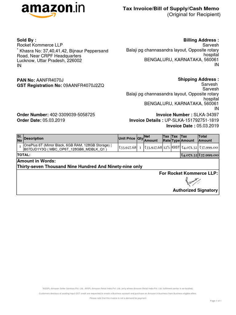 Oneplus 6t Invoice | PDF | Invoice | Market (Economics)
