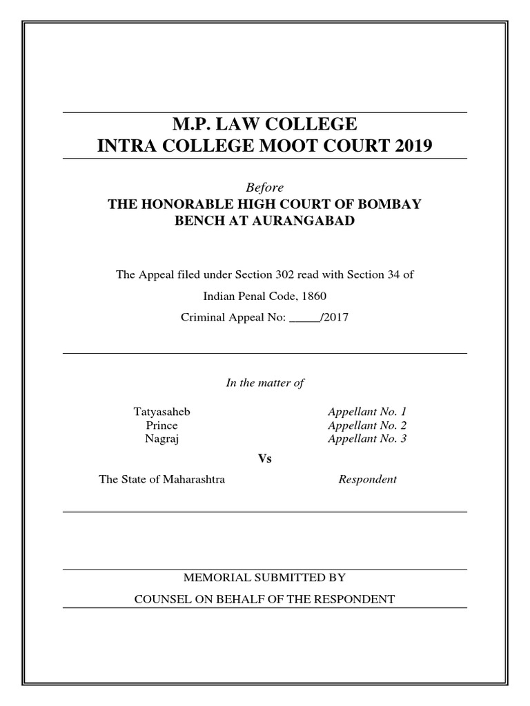 Moot Memorial For Respondent - IPC Sec 302 R/W Sec 34 | Mens Rea ...