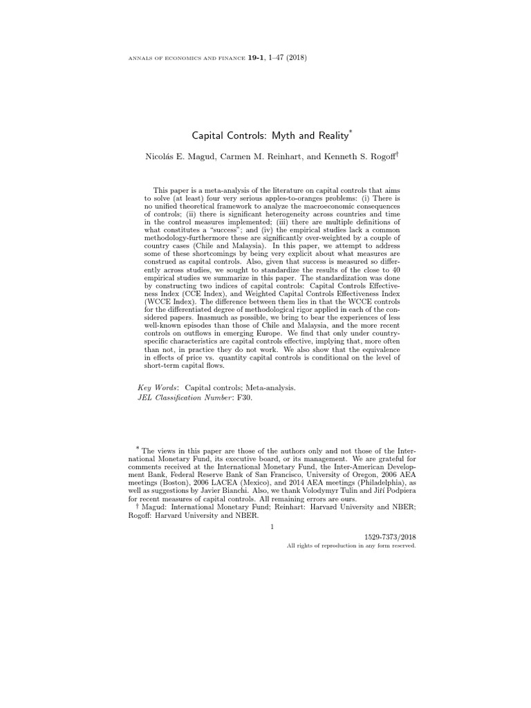 Capital Controls Myth and Reality Nicolas E. Magud, Carmen M. Reinhart, and Kenneth S. Rogof ...