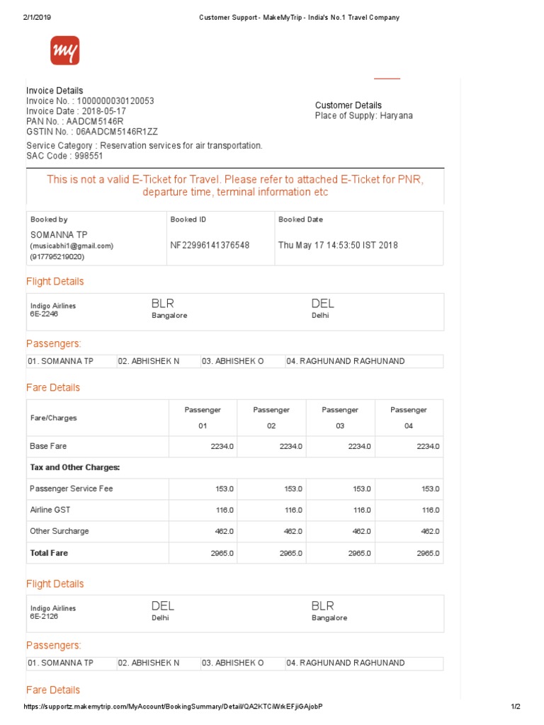 Flight Booking Details and Tax Invoice for Travel from Bangalore to ...