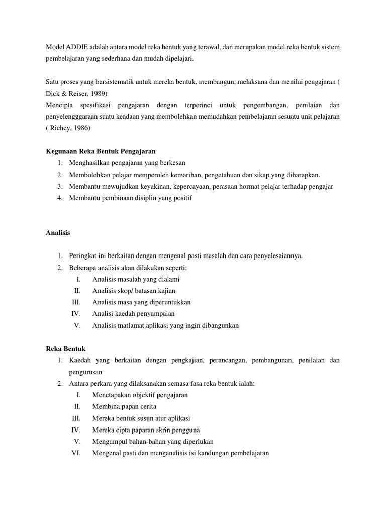 Model ADDIE Adalah Antara Model Reka Bentuk Yang Terawal | PDF