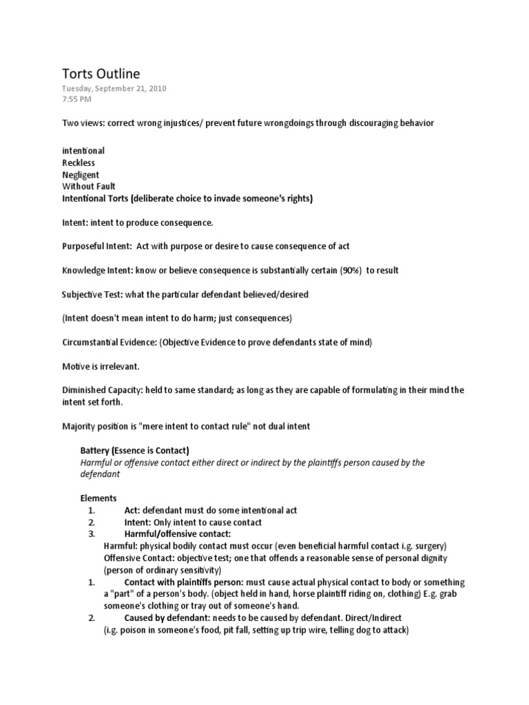 Intentional Tort Outline | PDF | Conversion (Law) | Trespass