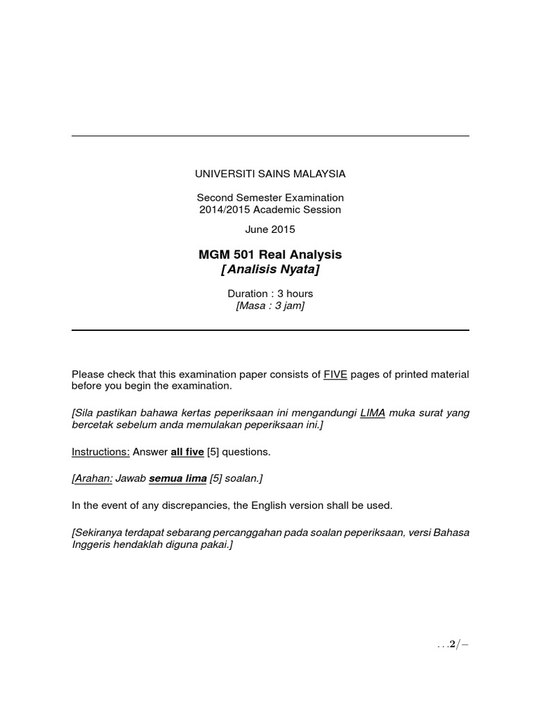 MGM 501 Real Analysis (Analisis Nyata) : All Five (5) Questions. Semua Lima (5) Soalan.) | PDF ...