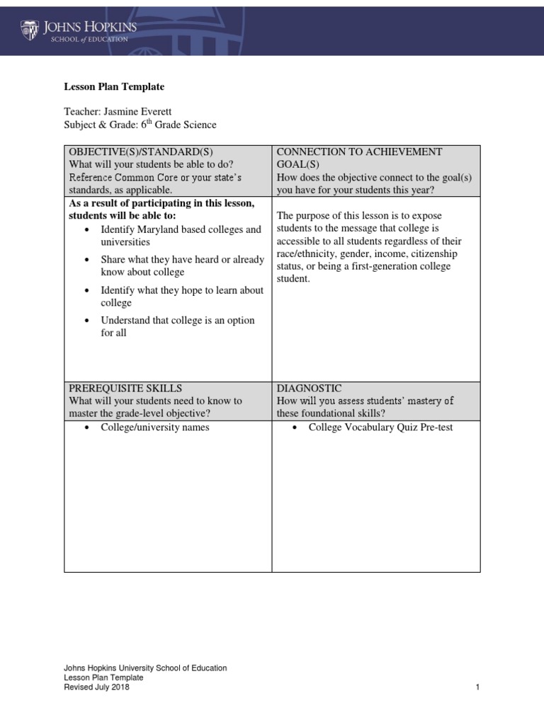 Johns Hopkins University School of Education Lesson Plan Template ...