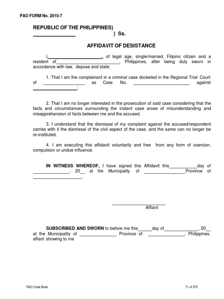 Republic of The Philippines) ) Ss. Affidavit of Desistance | PDF ...