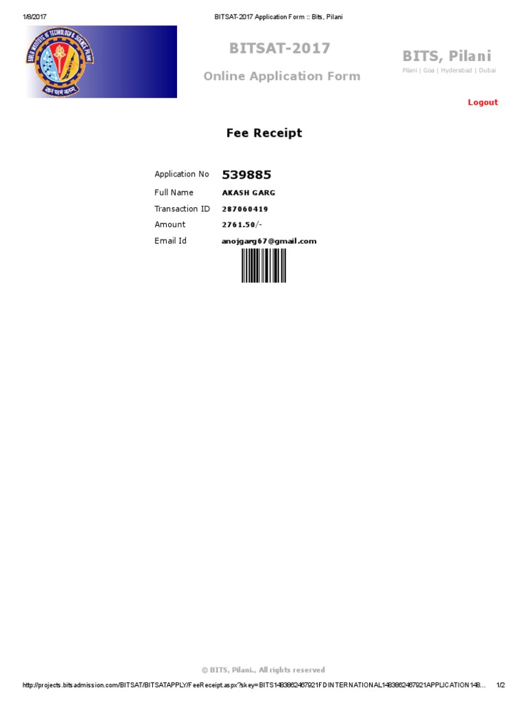 BITSAT 2017 BITS, Pilani: Online Application Form | PDF