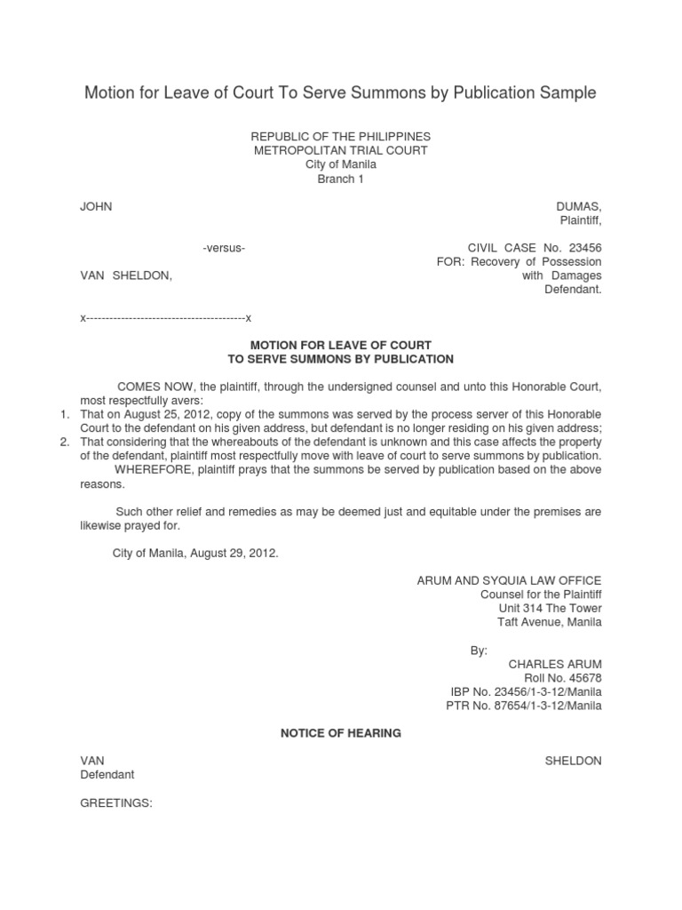 Motion For Leave of Court To Serve Summons Through Publication | PDF ...