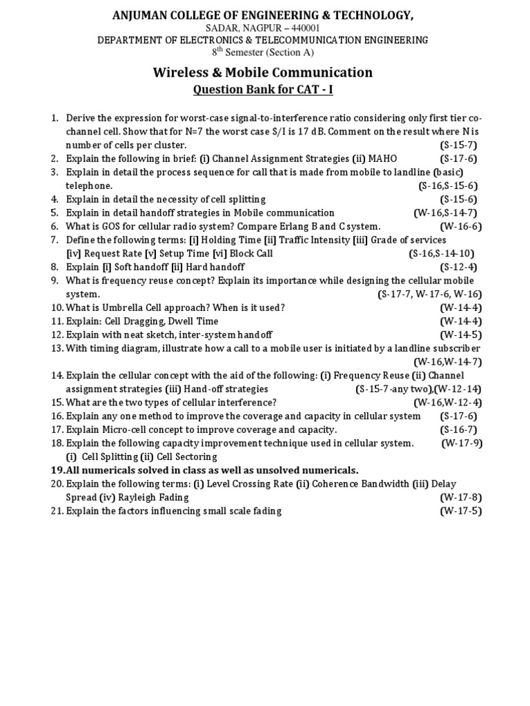 Question Bank On Unit 1 Wireless & Mobile Communication | PDF ...