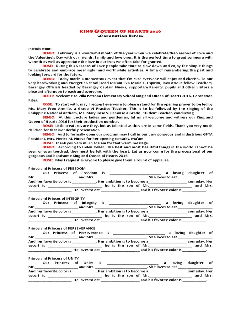 Script - KING AND QUEEN OF HEARTS 2016 | PDF