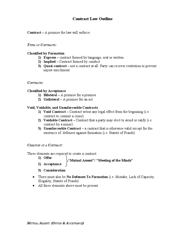 Contract Law Outline | Offer And Acceptance | Consideration