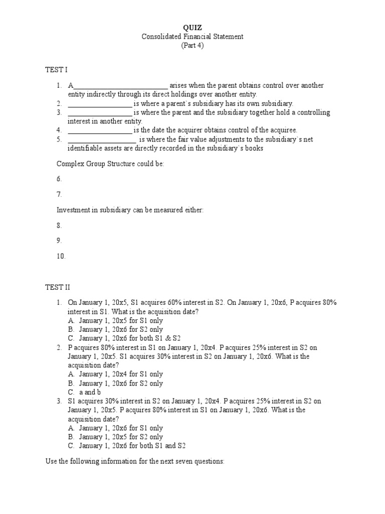 Quiz Chapter7 | PDF | Goodwill (Accounting) | Retained Earnings