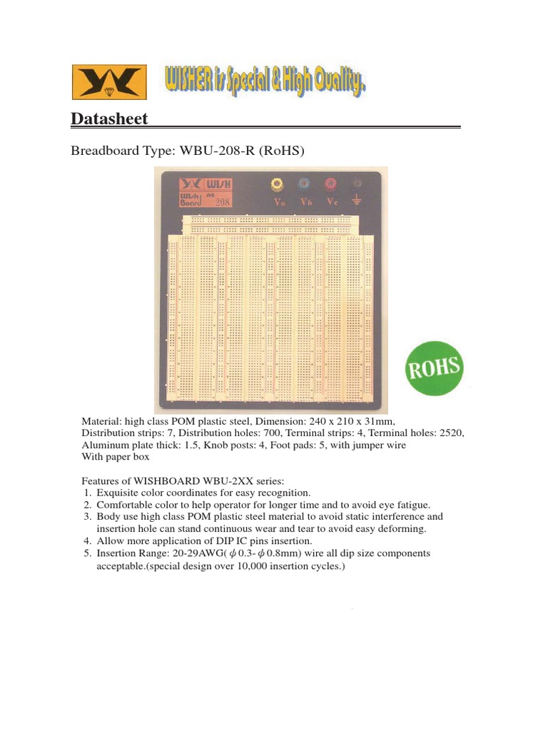 Breadboard Datasheet - WBU-208-R | PDF | Electronic Engineering | Materials