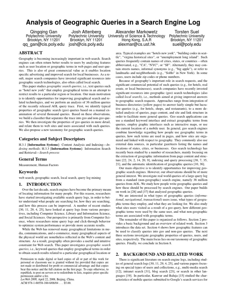 Analysis of Geographic Queries in A Search Engine Log | PDF | Web Search Engine | Statistical ...