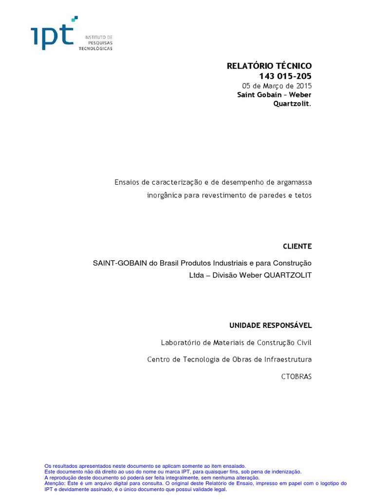 Laudo - IPT - Monocapa - Base - MODELO PDF | PDF | Argamassa (alvenaria) | Calor