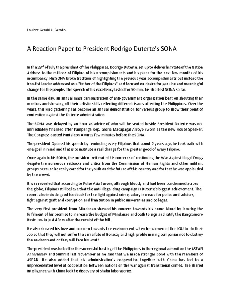 1st A Reaction Paper To President Rodrigo Duterte FINAL | Rodrigo ...