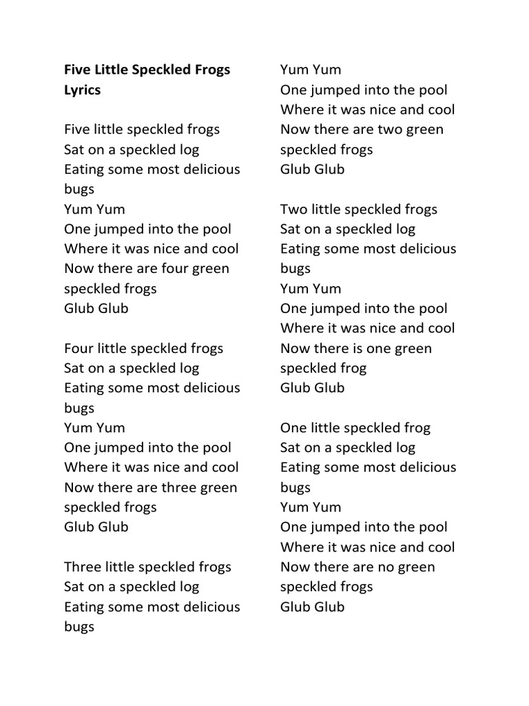 Five Little Speckled Frogs Lyrics | PDF | Frog | Amphibian