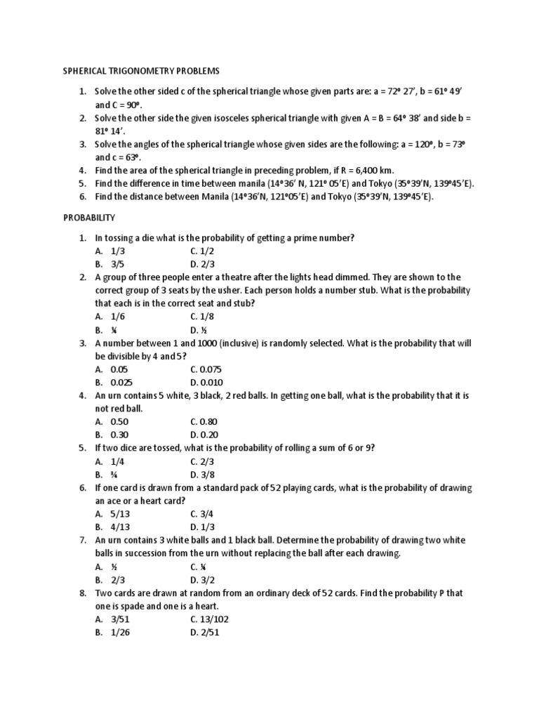 Spherical Trigo, Probability& Stat Sample Prob by K.Poclo - 1 | PDF ...